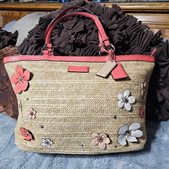Coach | Bags | Coach Straw Floral Applique Tote Bag Purse With Pink ...